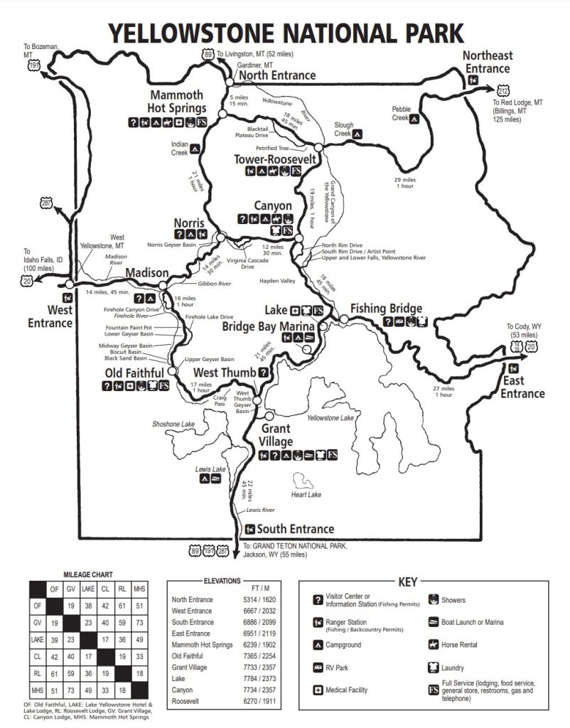 Mileage Map - Yellowstone National Park